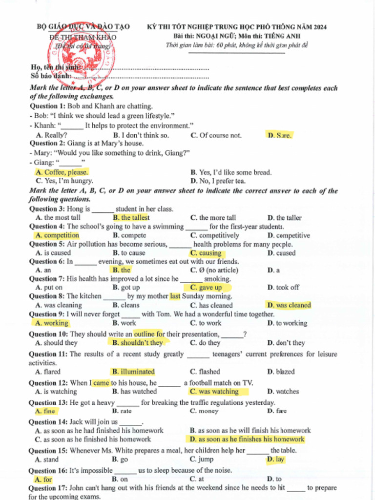 De Minh Hoa Tieng Anh 2024 | PDF