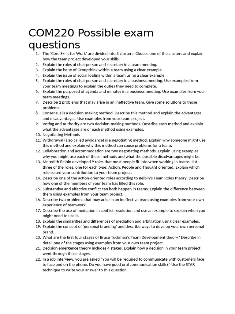 COM220 Teamwork and Communication Exam Questions | PDF | Mediation ...