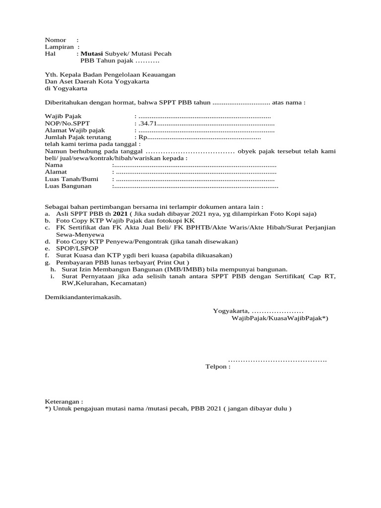 Permohonan Mutasi, Pembetulan, PBB, Salinan, SK Njop, Obyek Bar 7723 | PDF