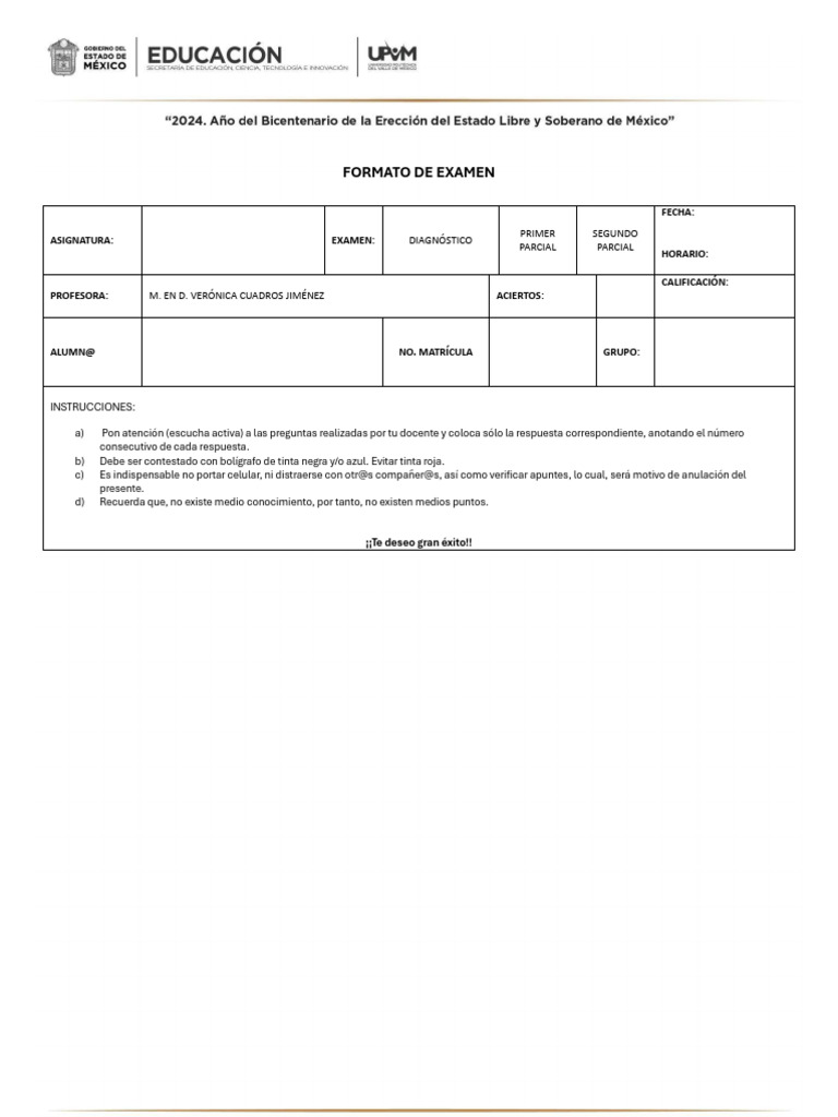 Formato de Examen Diagnóstico 2023 | PDF