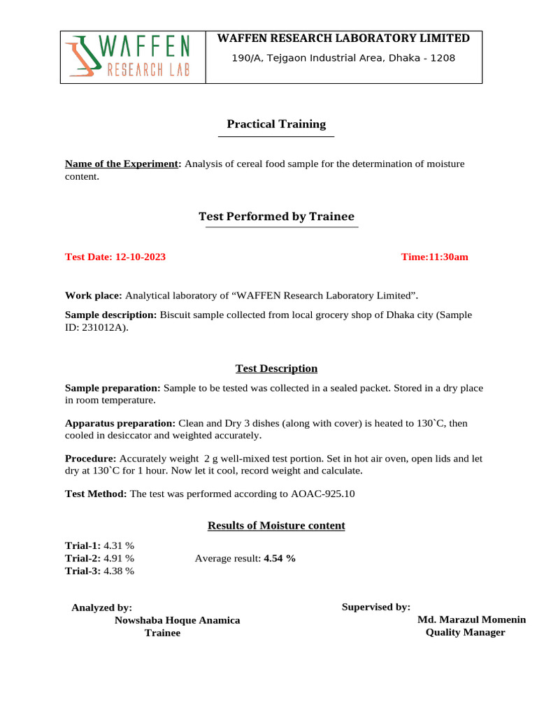 1.practical Training (Moisture) - Nazmul | PDF | Experiment