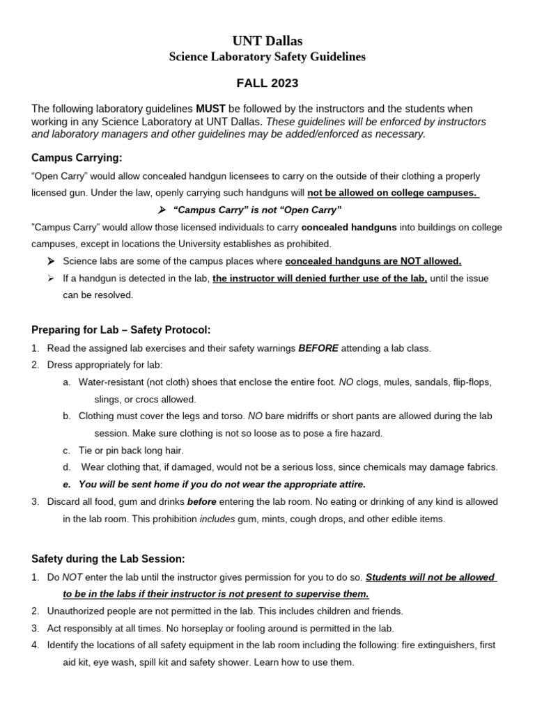 Laboratory Safety Guidelines UNTD FALL 2023 | PDF