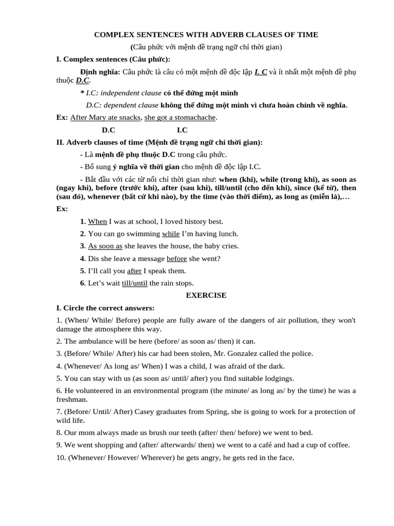 Complex Sentences: Adverb Clauses of Time | PDF | Linguistics ...