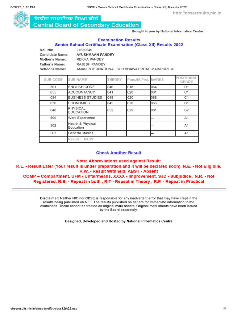 CBSE - Senior School Certificate Examination (Class XII) Results 2022 ...