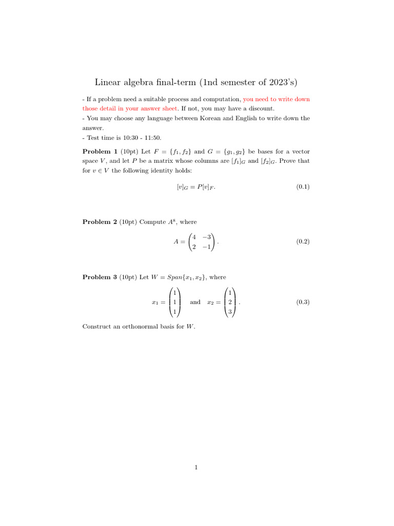 Linear Algebra Final Exam Guide 2023 | PDF | Eigenvalues And ...