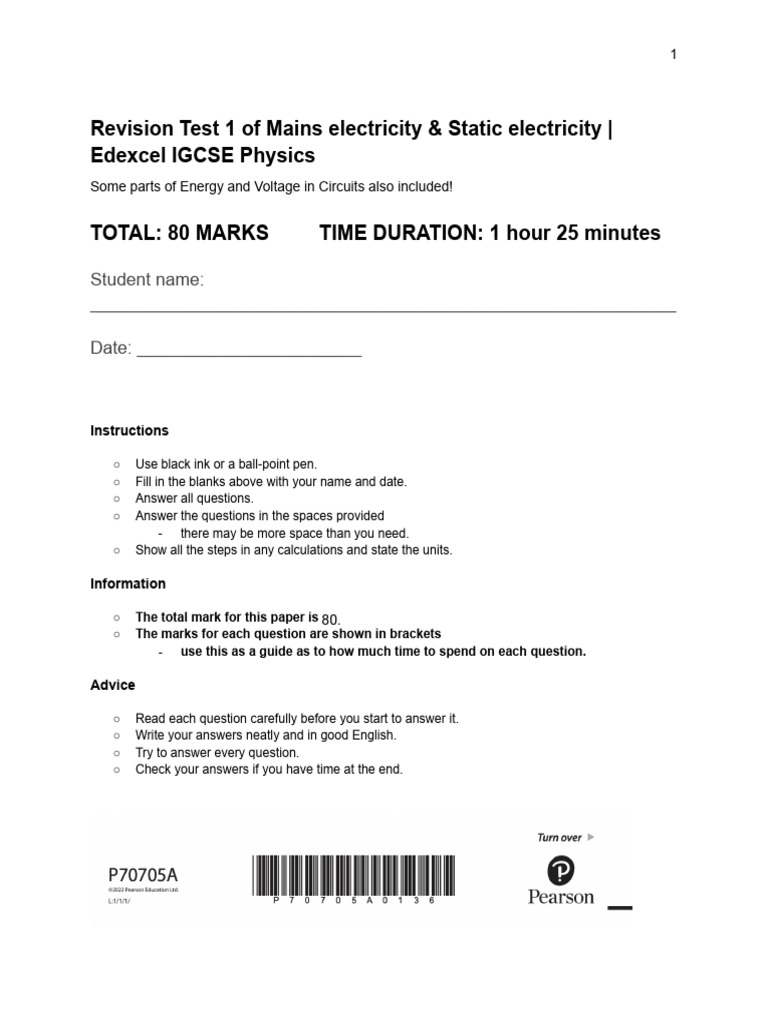 IGCSE Physics Revision: Electricity Test | PDF