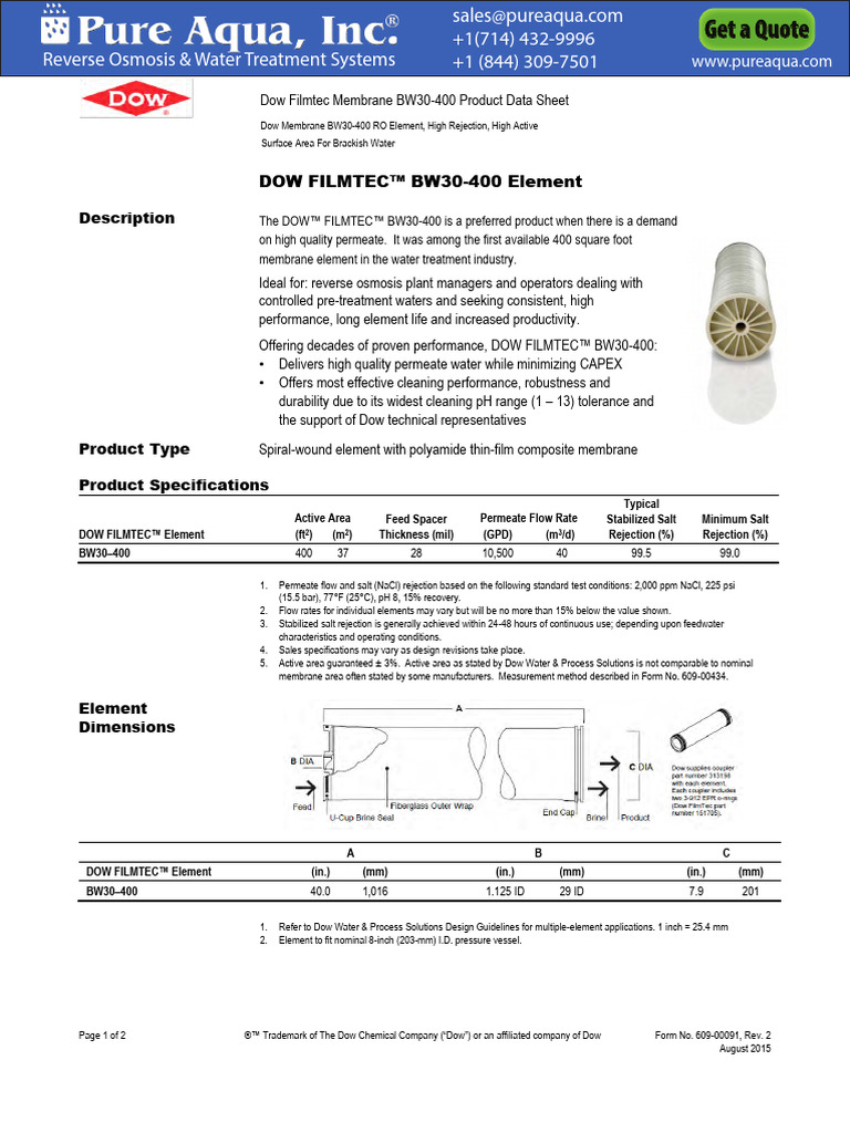 Dow Filmtec bw30 400 Membrane | PDF | Membrane | Environmental Engineering