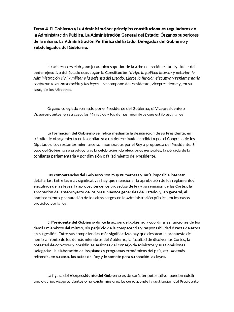 Tema 4 EL GOBIERNO Y LA ADMINISTRACION | PDF | Ministerio (Departamento ...