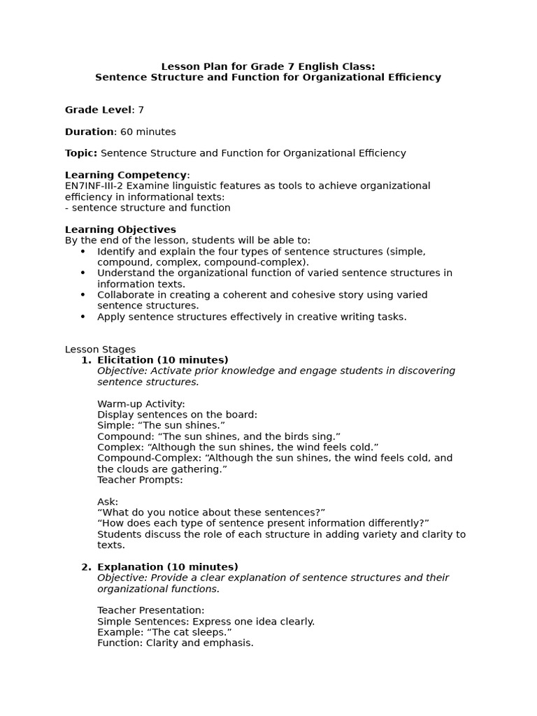 CLT Lesson Plan Sentence Structures | PDF | Syntax | Lesson Plan