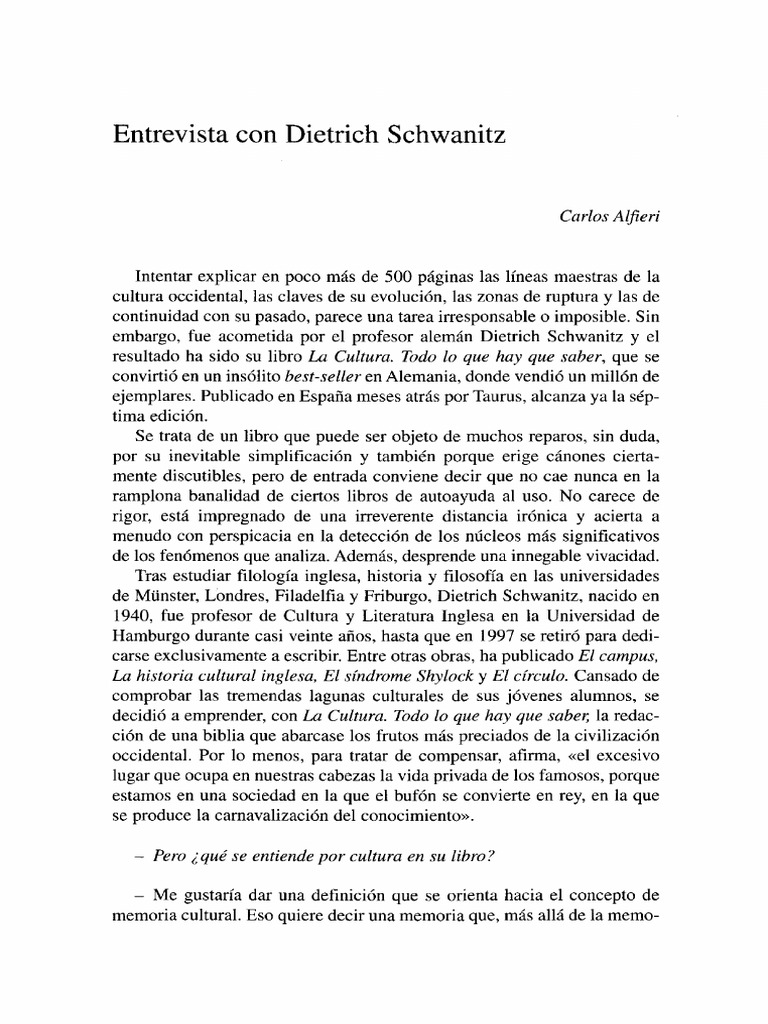 Entrevista Con Dietrich Schwanitz 932780 | PDF | Sociedad | Novelas