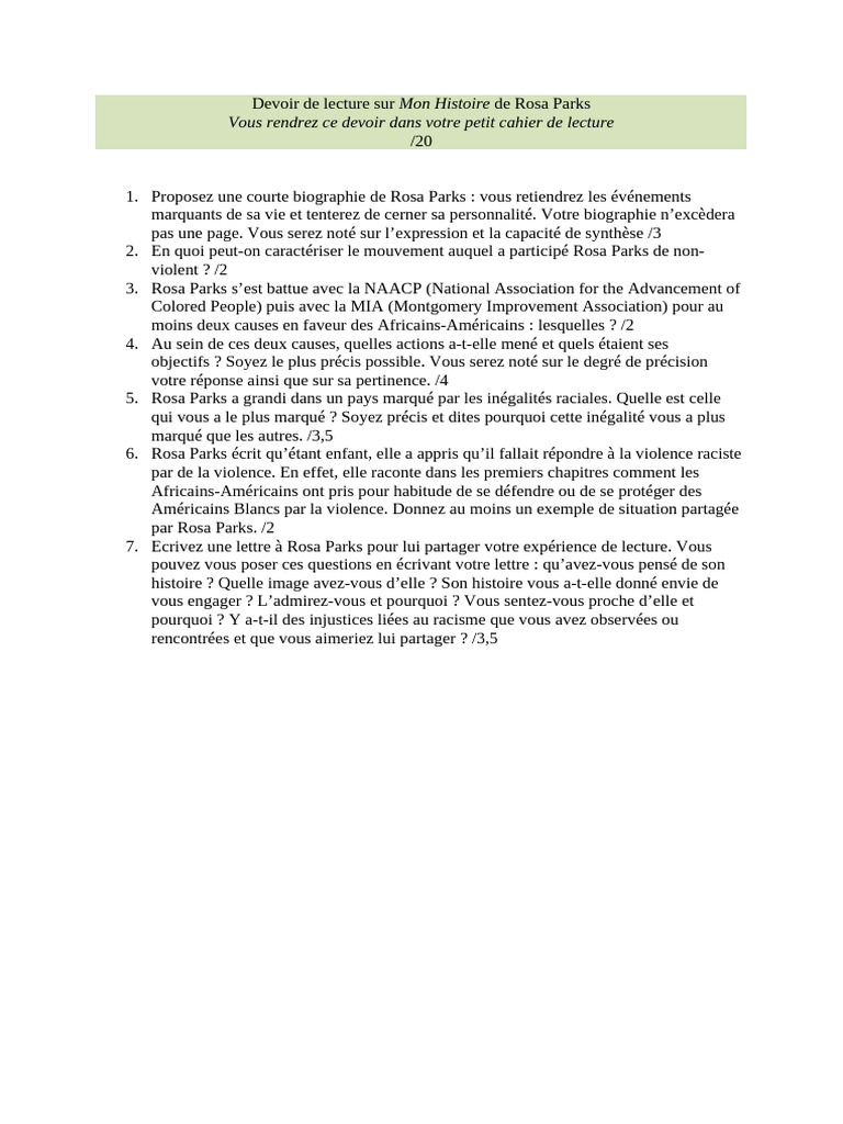 Devoir Lecture Rosa Parks | PDF