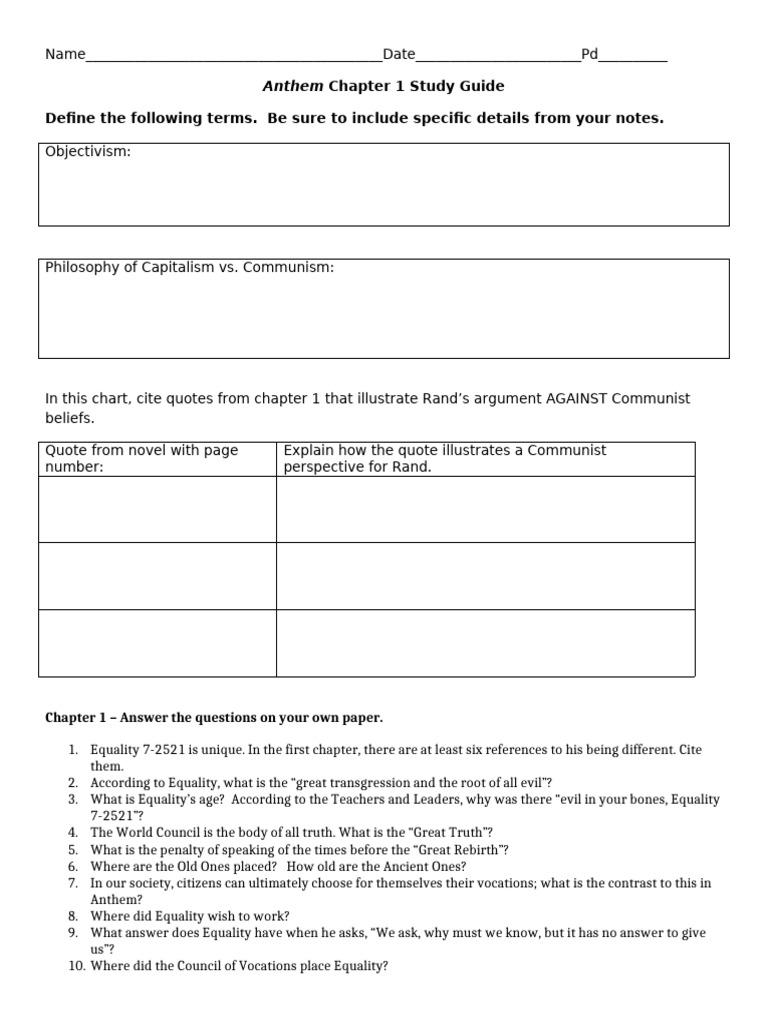 Anthem Chapter 1 Study Guide | PDF | Allegory