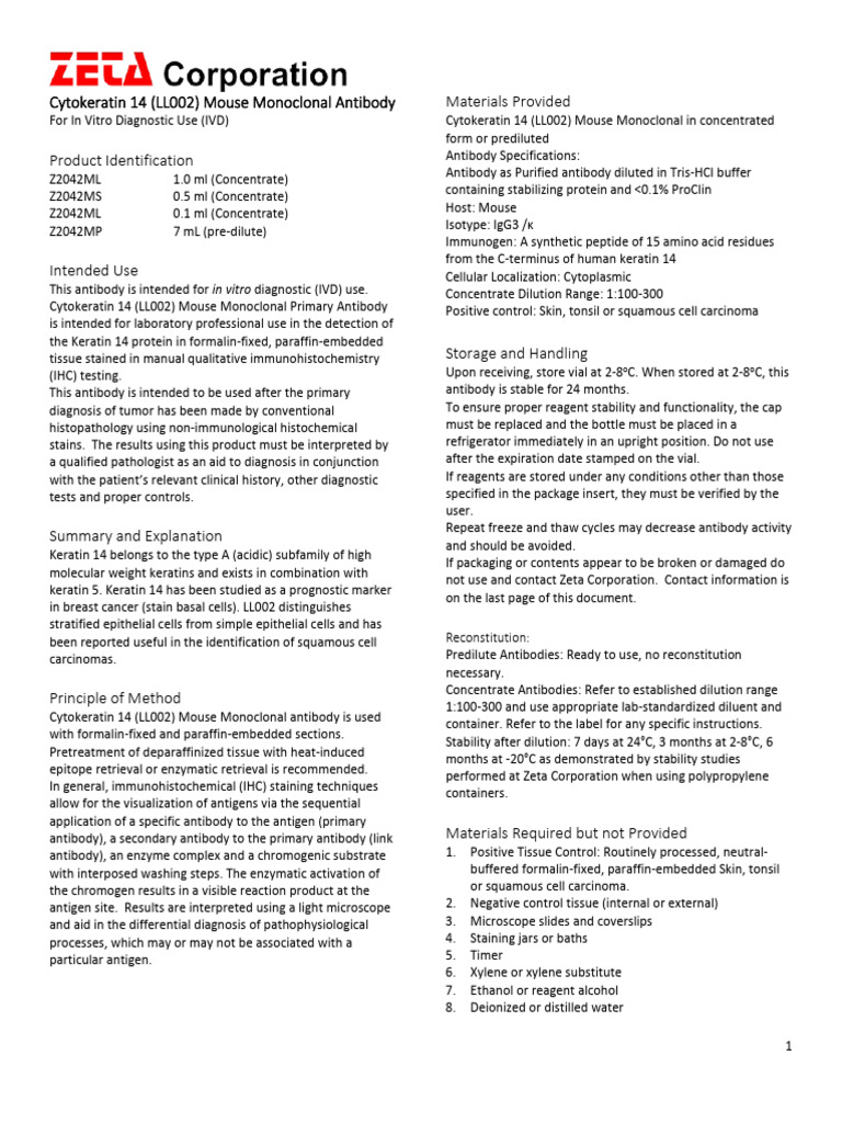 Cytokeratin-14-LL002-72019-a | PDF | Monoclonal Antibody | Molecular Biology