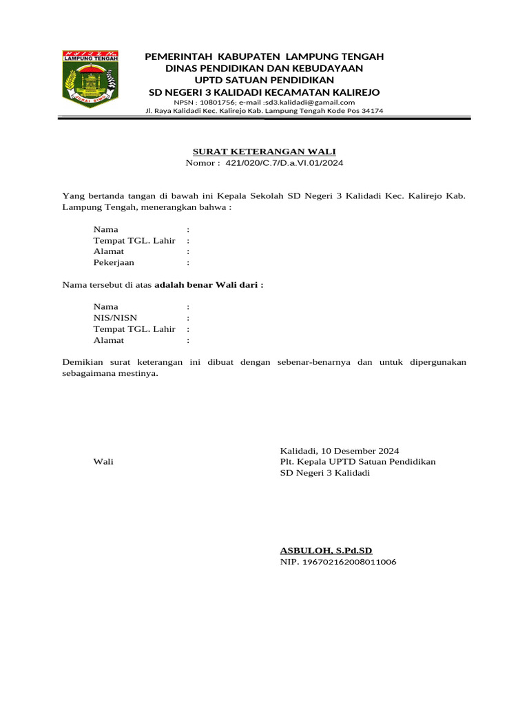 Contoh Surat Keterangan Wali Murid | PDF