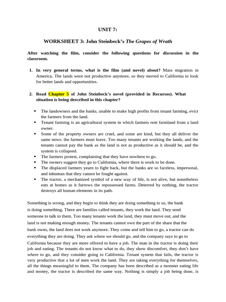 WORKSHEET 3 - The Grapes of Wrath | PDF | Migrant Worker | Anger