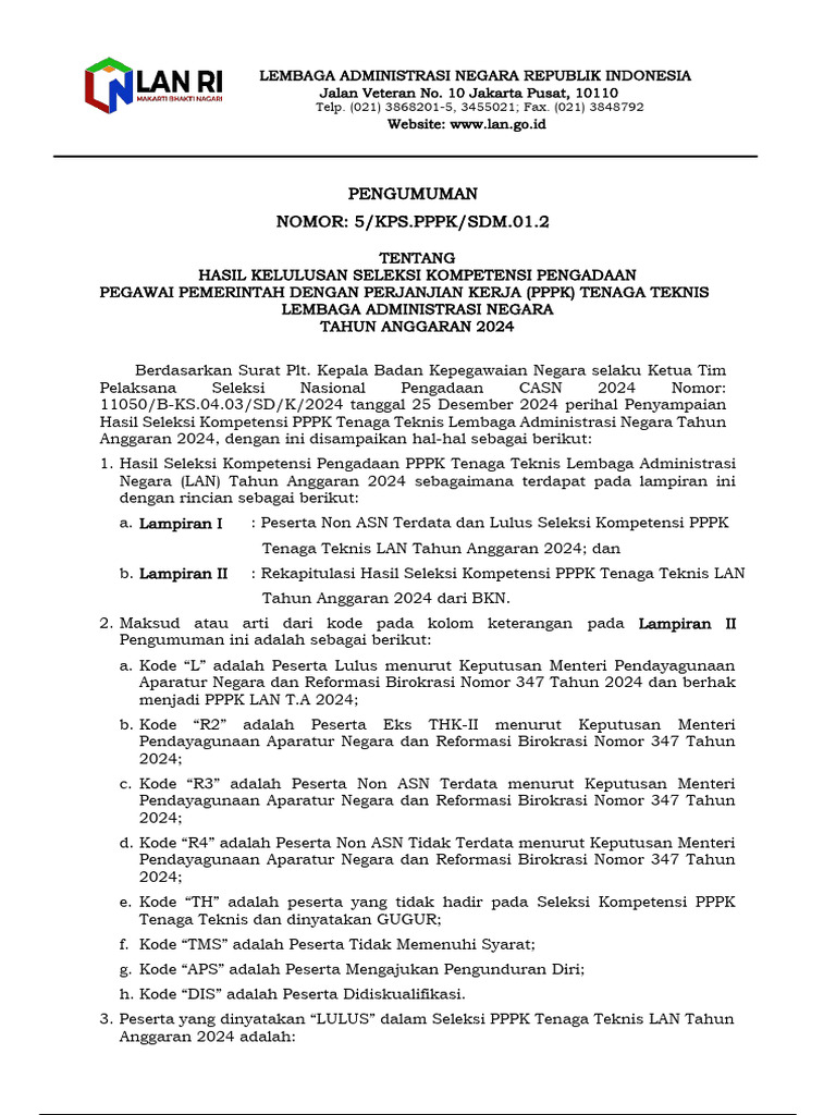 Pengumuman Kelulusan PPPK Tenaga Teknis 2024 1 | PDF