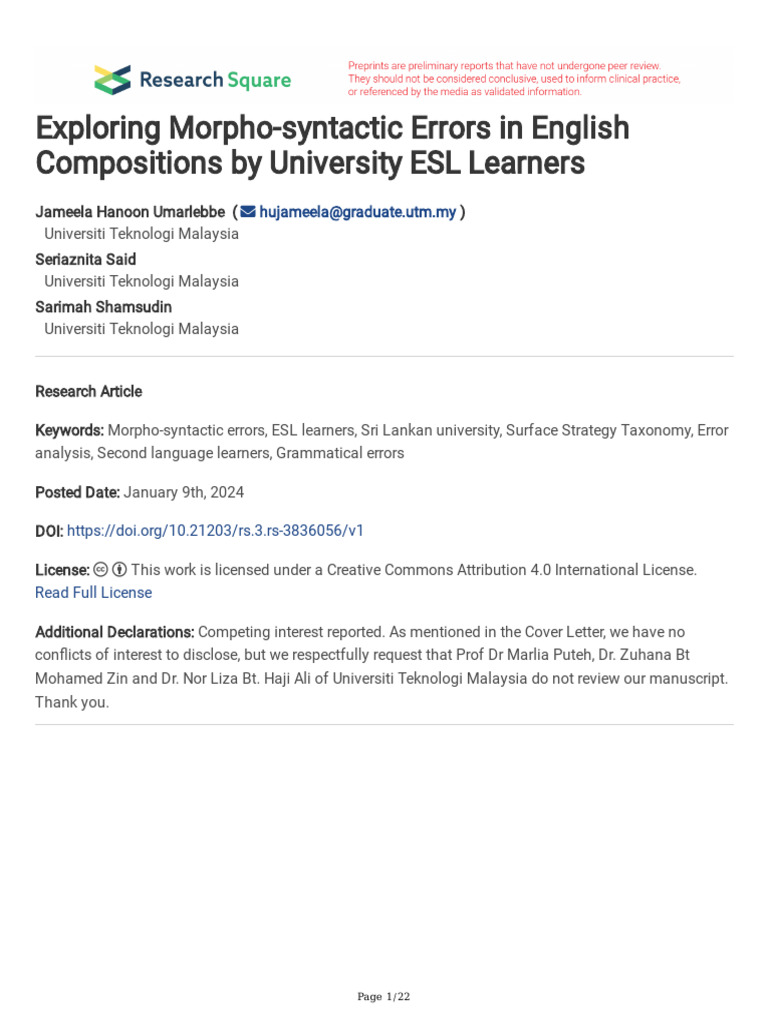 Exploring Morpho-Syntactic Errors in English Compo | PDF | Second Language | Verb