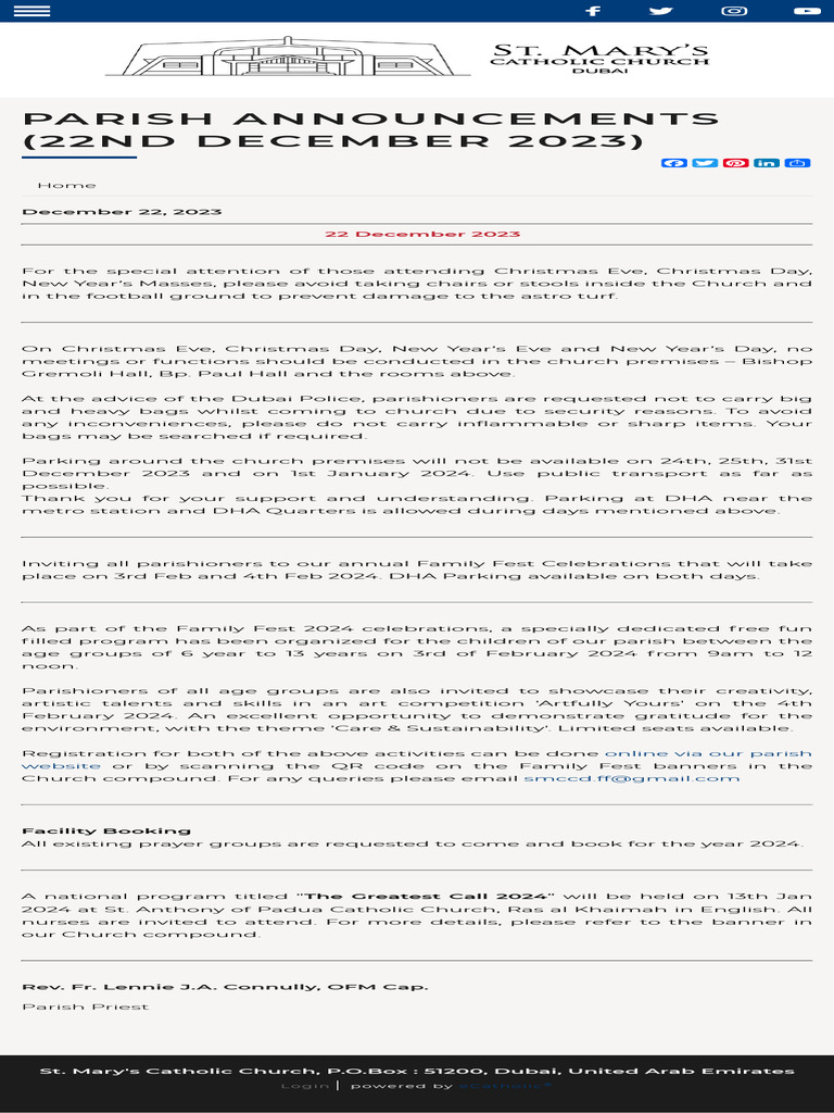 Parish Announcements (22nd December 2023) - St. Mary's Catholic Church - Dubai, UAE | PDF ...