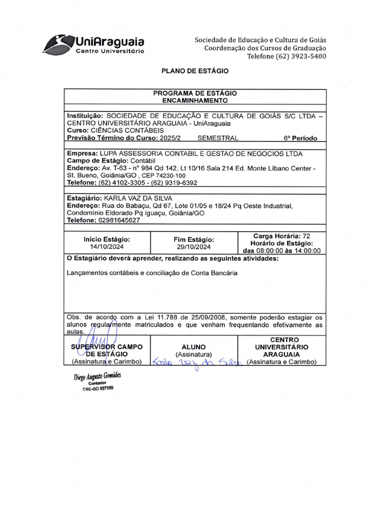 Plano de Estágio. | PDF