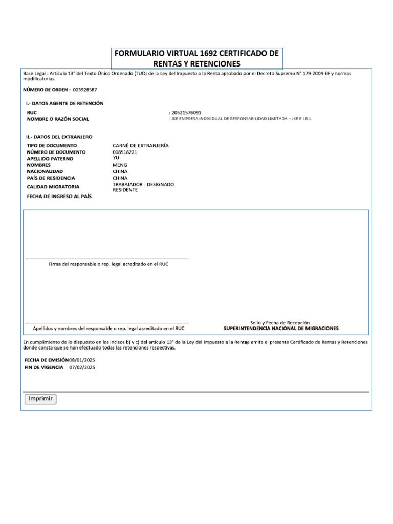 Certificado de Rentas 1692 JKE E.I.R.L. | PDF