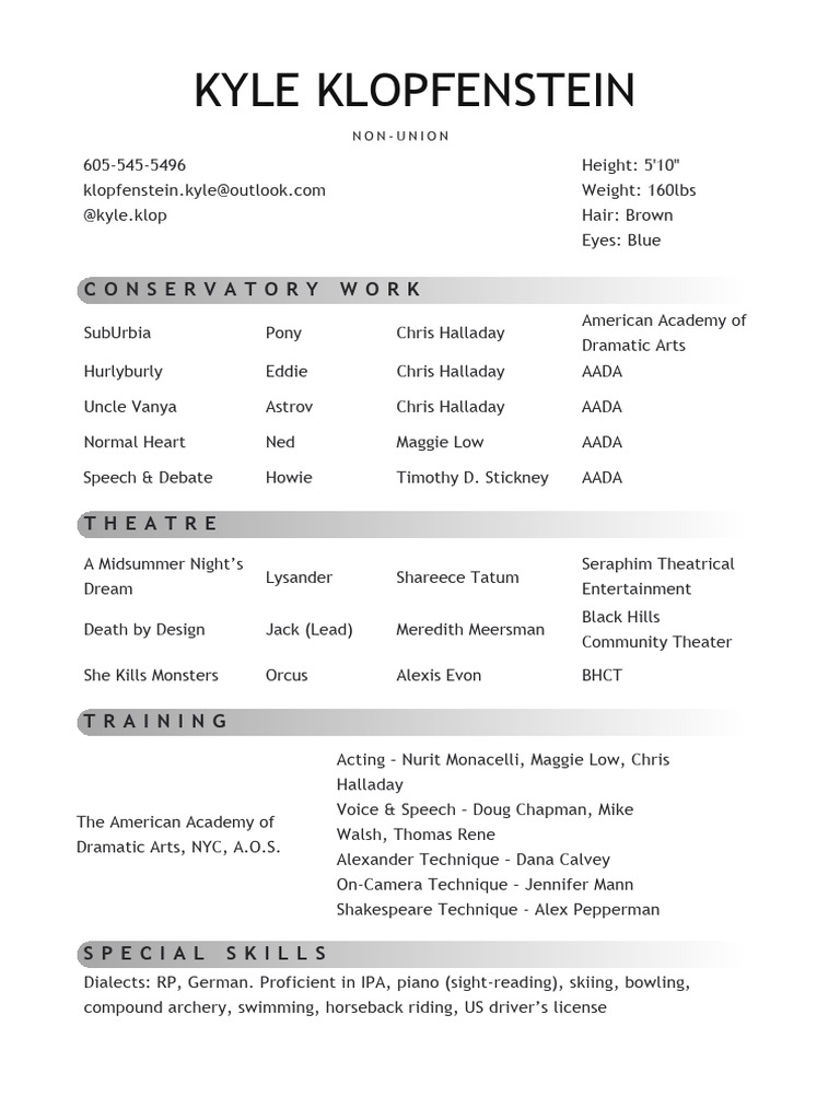 Actor Resume: Kyle Klopfenstein | PDF
