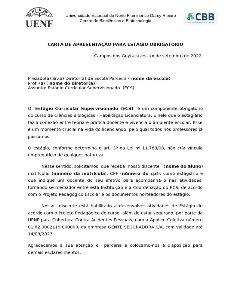 Carta de Apresentacao para Estagio Obrigatorio | PDF | Pedagogia | Escolas