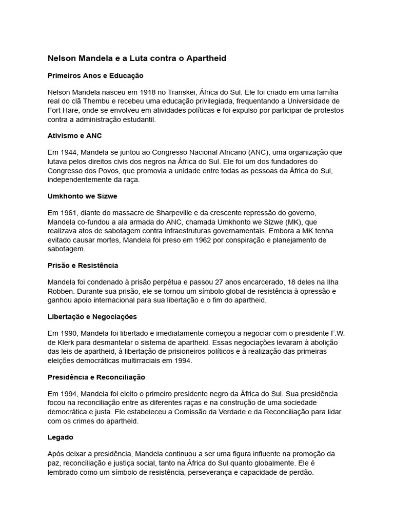 Nelson Mandela e A Luta Contra o Apartheid | PDF
