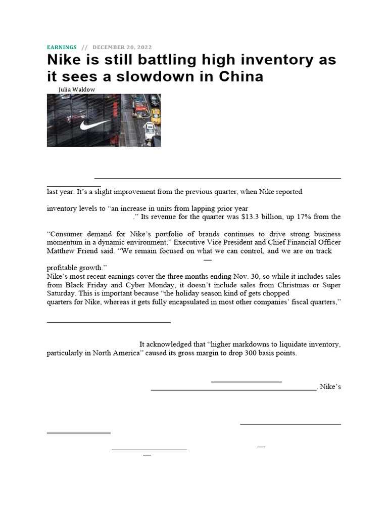 Newspaper Article (Class 5) Nike is Still Battling High Inventory | PDF | Nike | Inventory