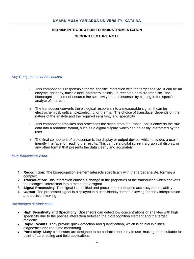 BIO 104 (Section - Biosensors Lecture Note) 2024 | PDF | Biosensor ...