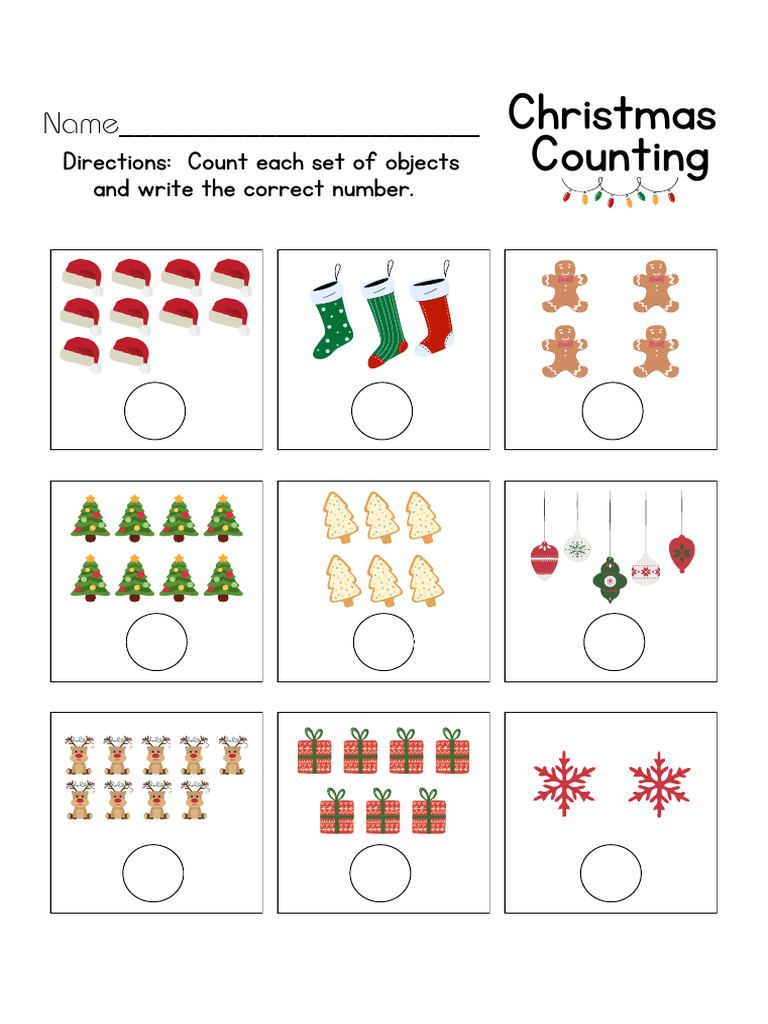 Christmas Counting Worksheet in Colorful Illustrative Style | PDF