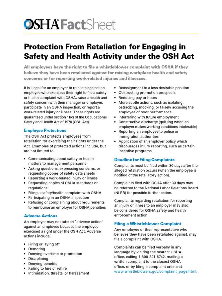 Protection From Retaliation for Engaging in Safety and Health Activity under the OSH Act | PDF ...