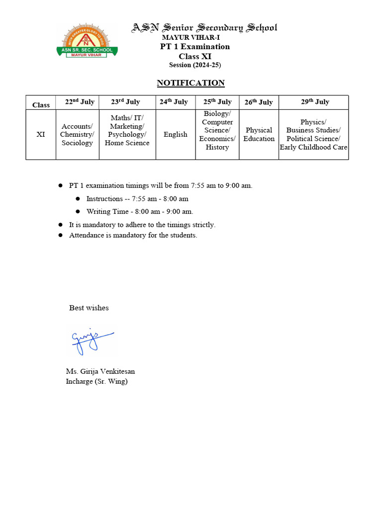 Class XI PT 1 Exam Schedule 2024-25 | PDF