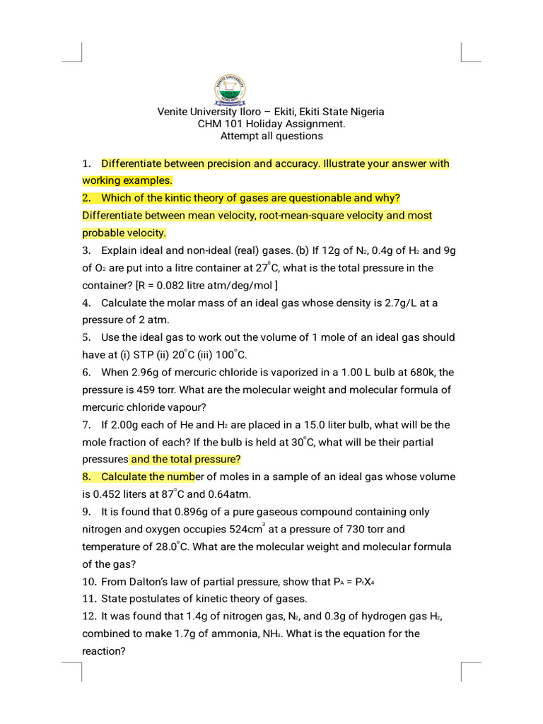 CHM 101 Holiday Assignment. | PDF