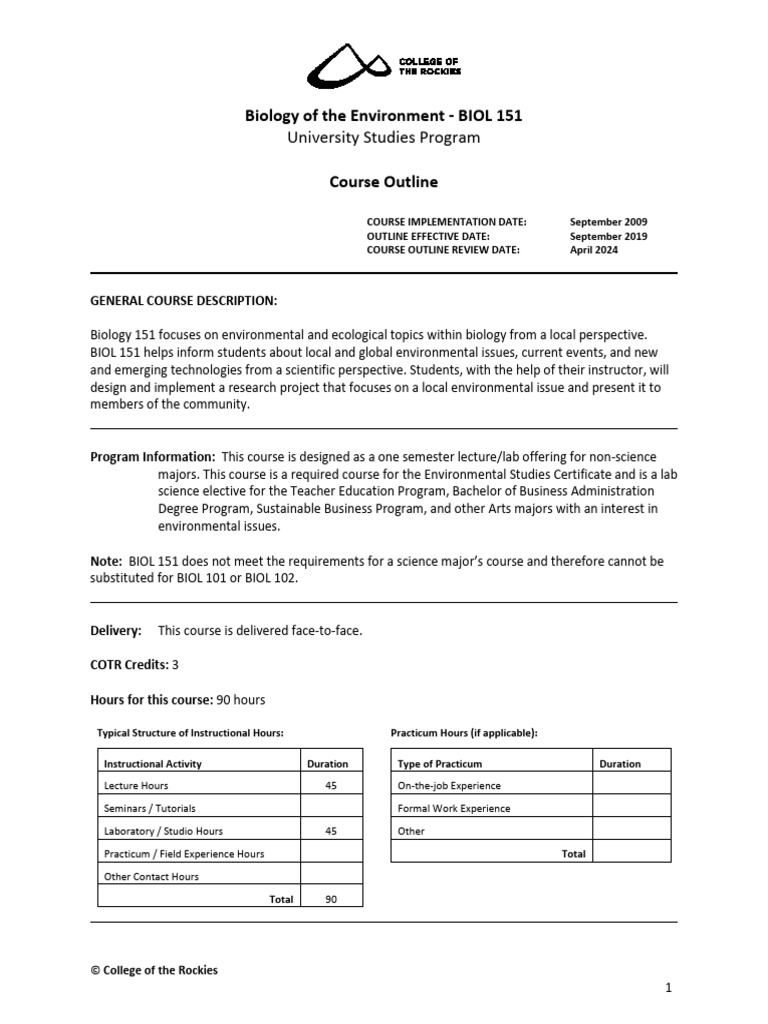 Environmental Biology Course Outline | PDF | Ecosystem | Biodiversity