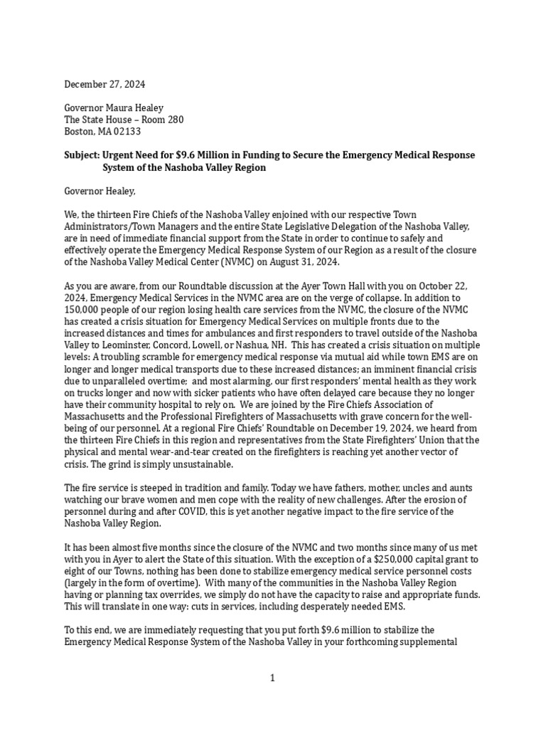 Urgent Request For Emergency Medical Response Systems in The Nashoba ...