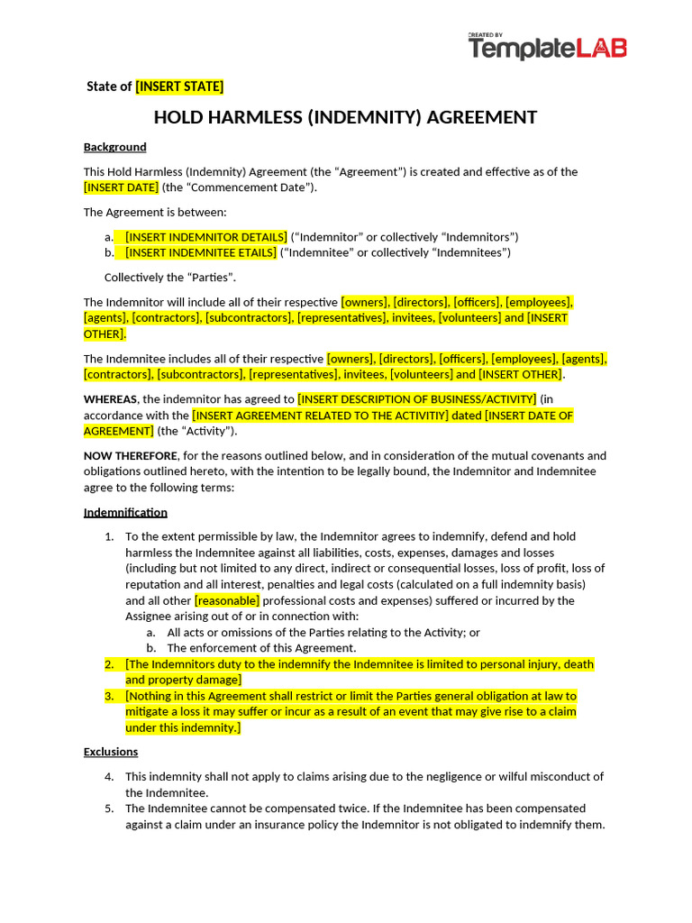 Hold Harmless Agreement Template | PDF | Indemnity | Public Law