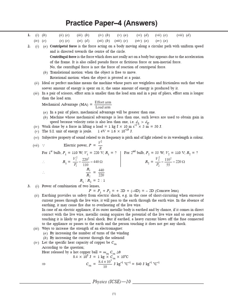 ICSE Class 10 Physics Practice Paper 4 | PDF | Force | Waves