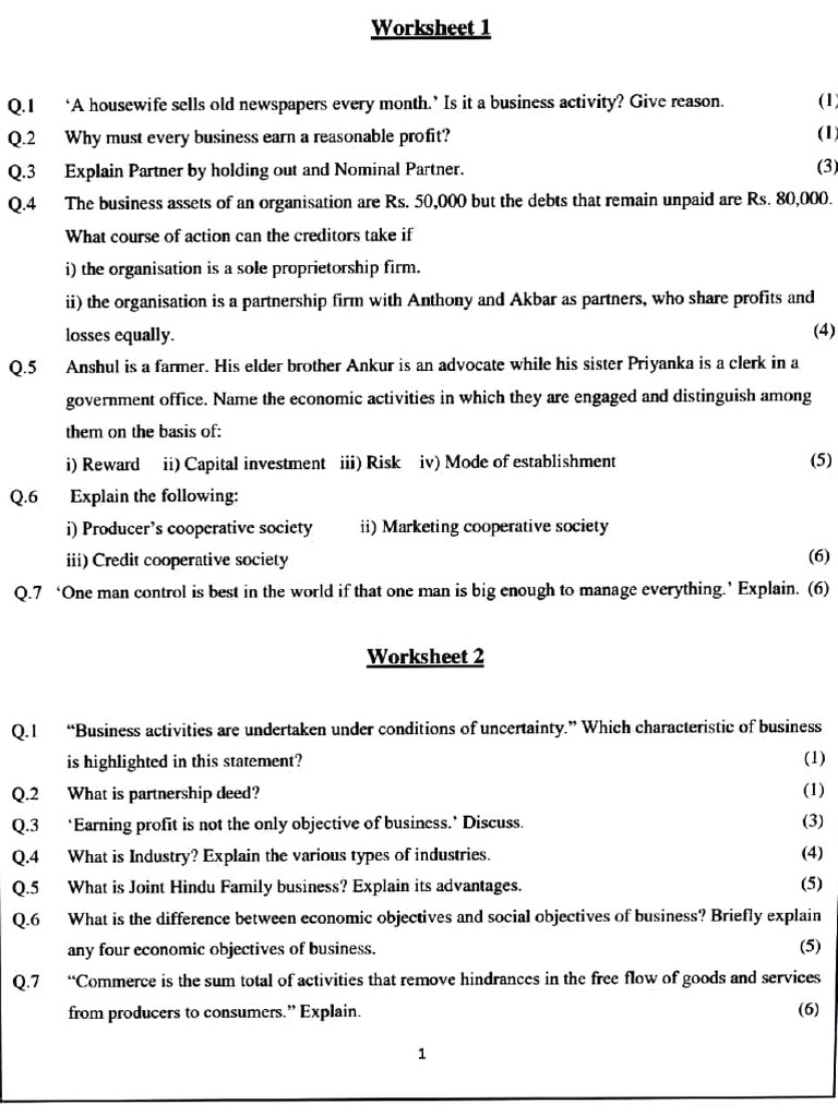 worksheet class XI | PDF | Cooperative | Commerce