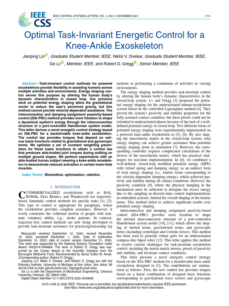 Optimal Task-Invariant Energetic Control For A Knee-Ankle Exoskeleton | PDF | Matrix ...