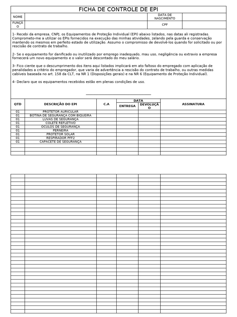 Ficha de Controle de Equipamentos de EPI | PDF