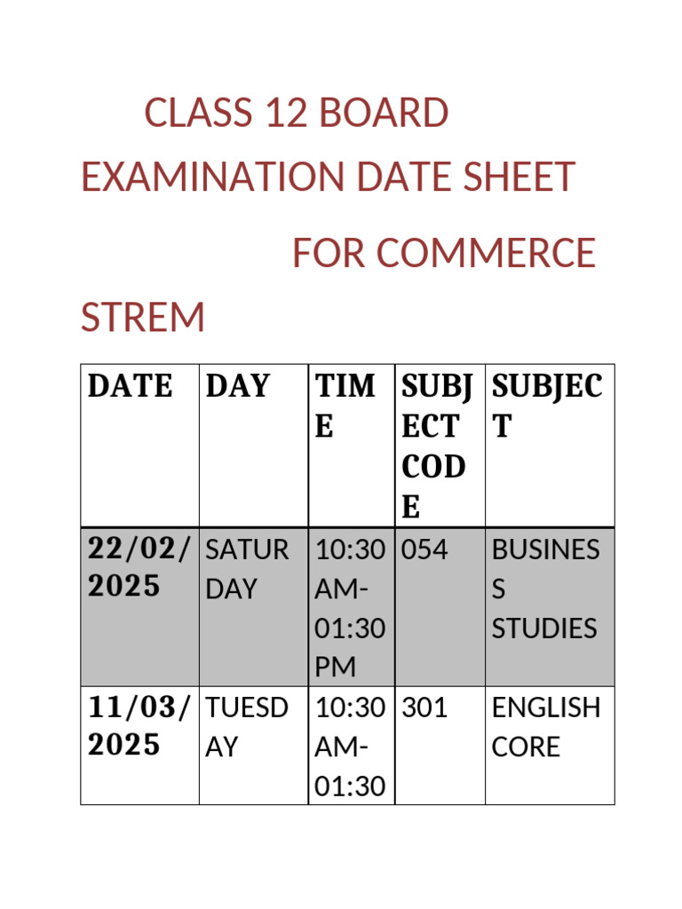 Class 12 Commerce Exam Date Sheet 2025 | PDF