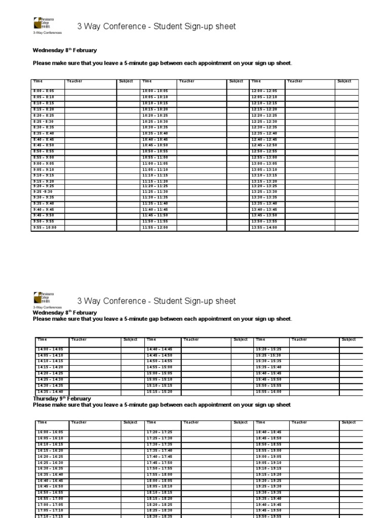3-Way Conference Sign-Up Sheet | PDF | Language Arts & Discipline