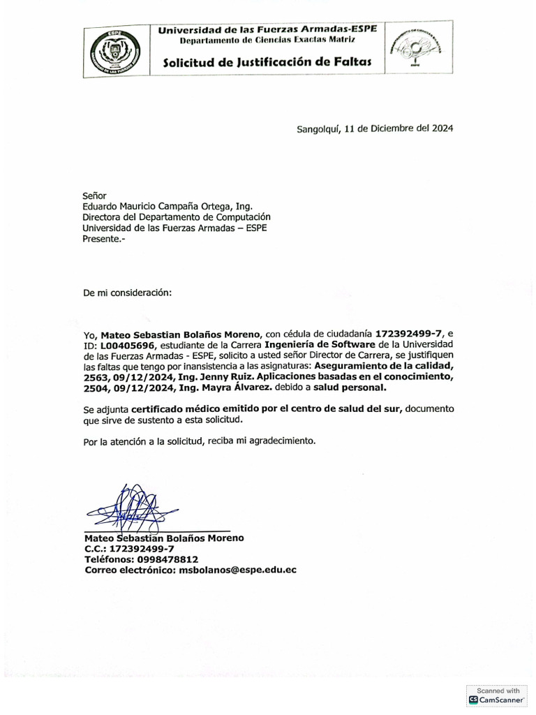 Solicitud Justificacion Bolaños Mateo | PDF