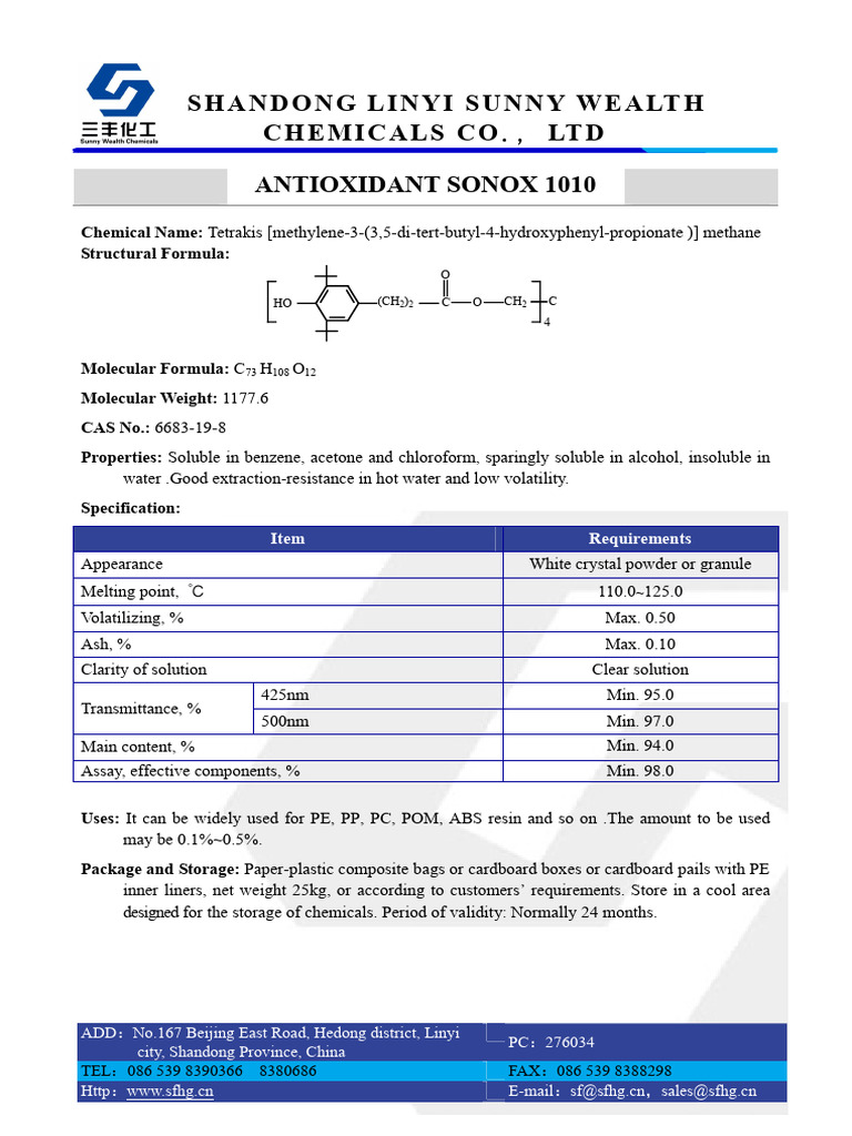 Sonox 1010 Antioxidant Specifications | PDF