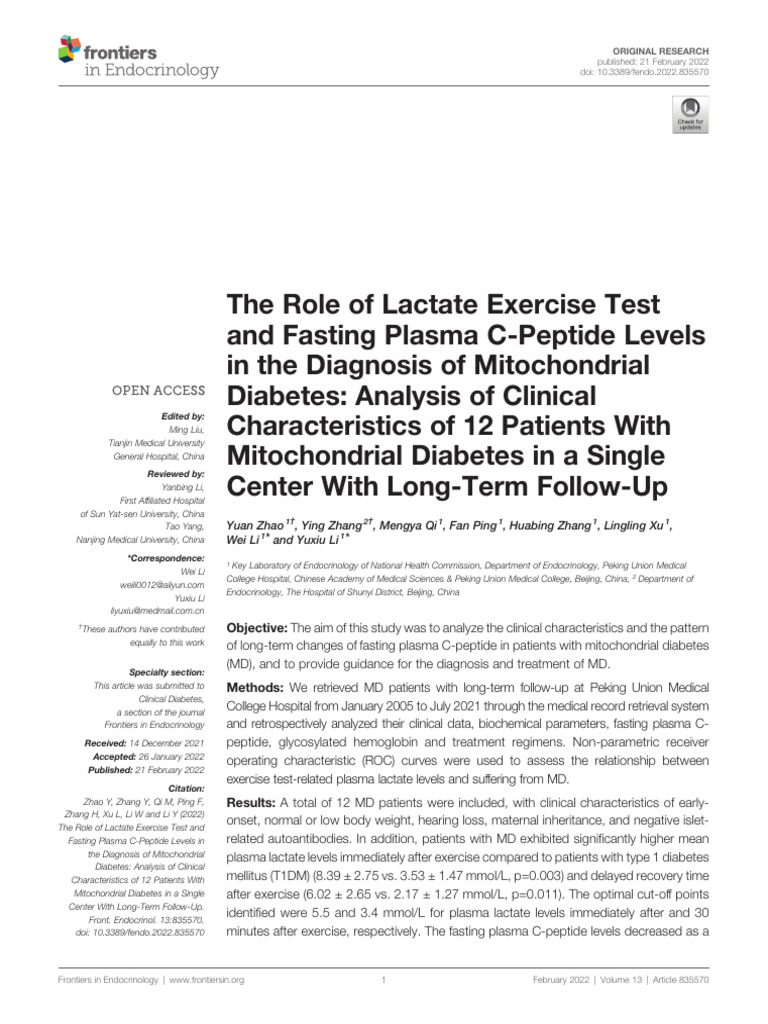 The Role of Lactate Exercise Test and Fasting Plasma C-Peptide Levels ...