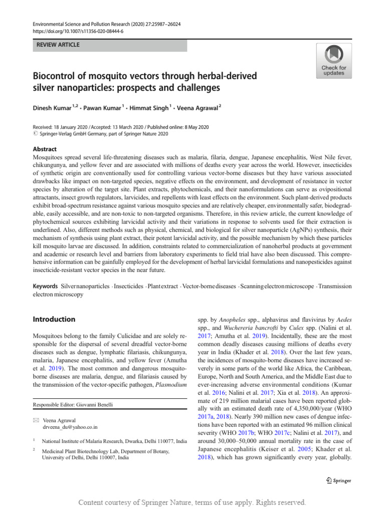 Biocontrol of Mosquito Vectors Through Herbal-Deri | PDF | Malaria
