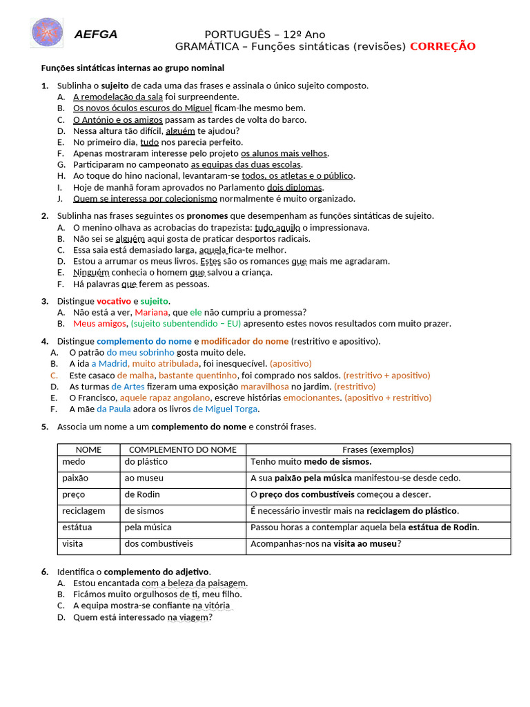 Funções Sintáticas: Revisão e Correção | PDF | Assunto (gramática)