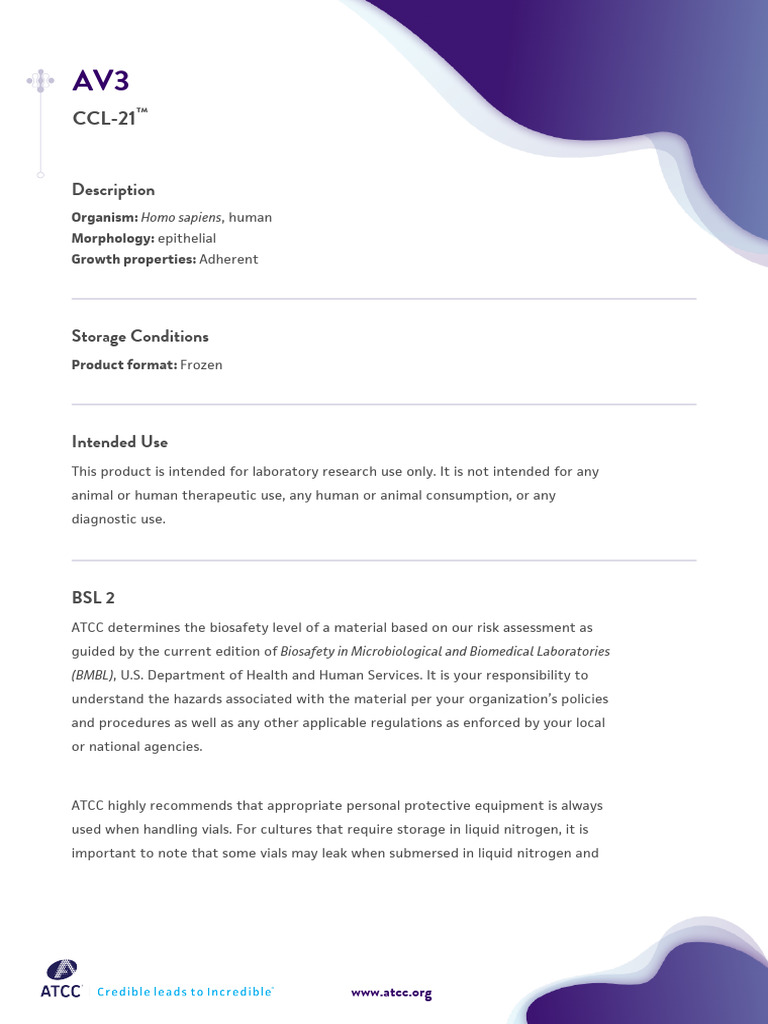 CCL-21 Product Sheet - AV3 | PDF | Atcc (Company) | Water