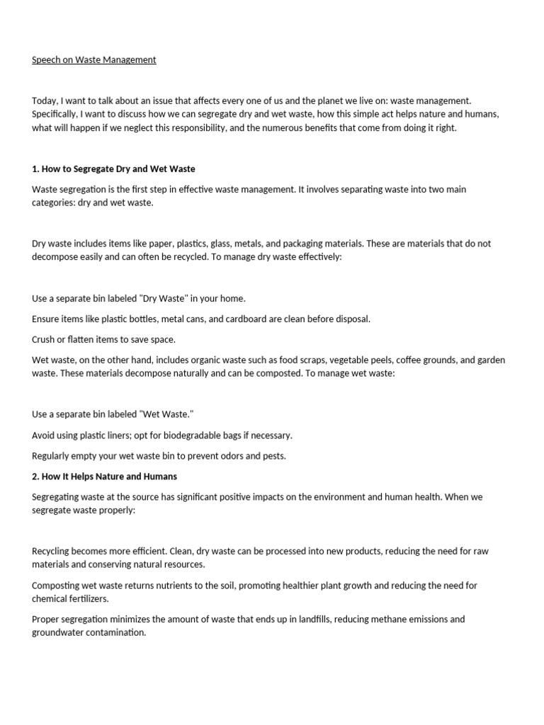 Speech On Waste Management | PDF | Waste | Waste Management