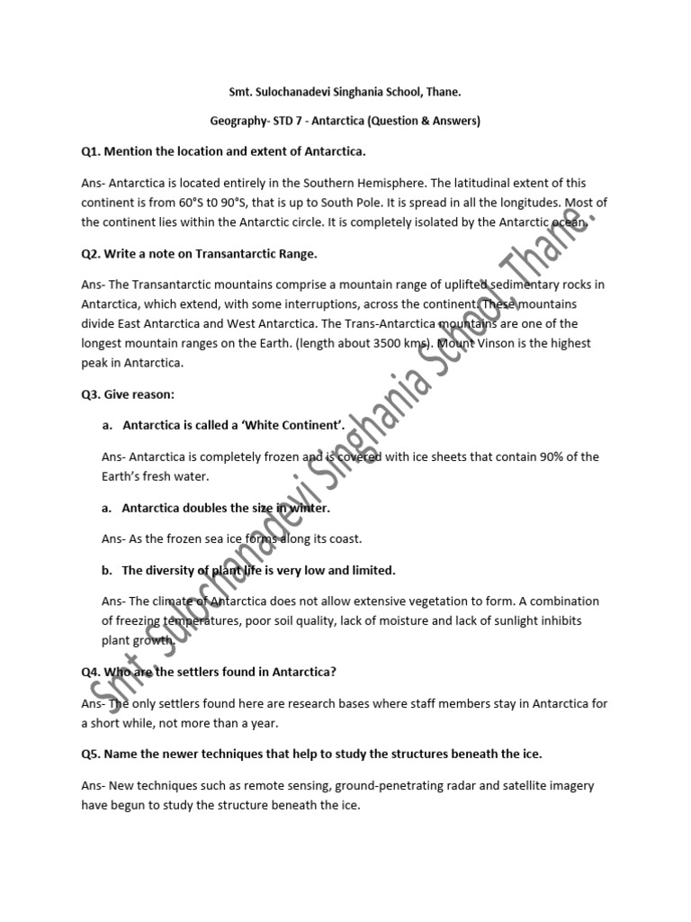 STD 7 - Antarctica - (Questions and Answers) | PDF